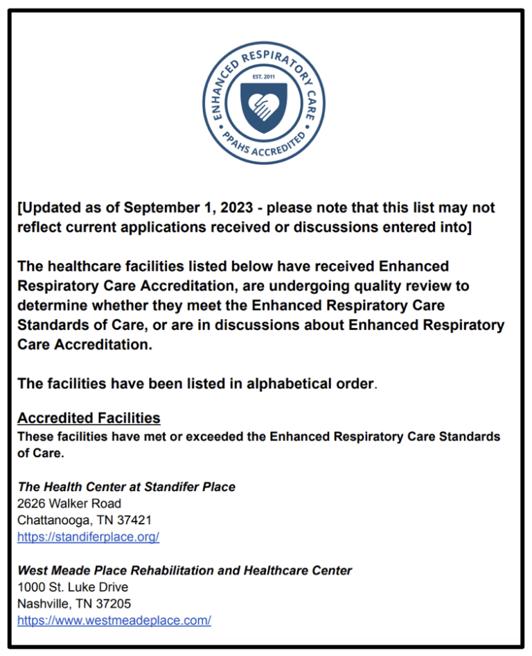 Enhanced Respiratory Care Accredited Facilities: A September 1, 2023 ...